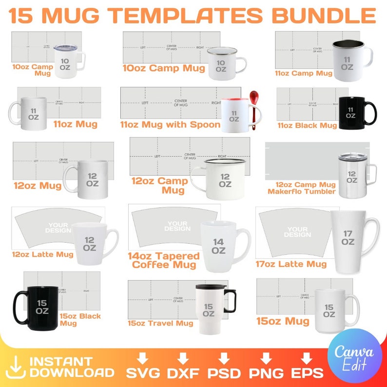 15 Mug Blank Template for Sublimation, BUNDLE, 15oz, 12oz, Standart Mug ...