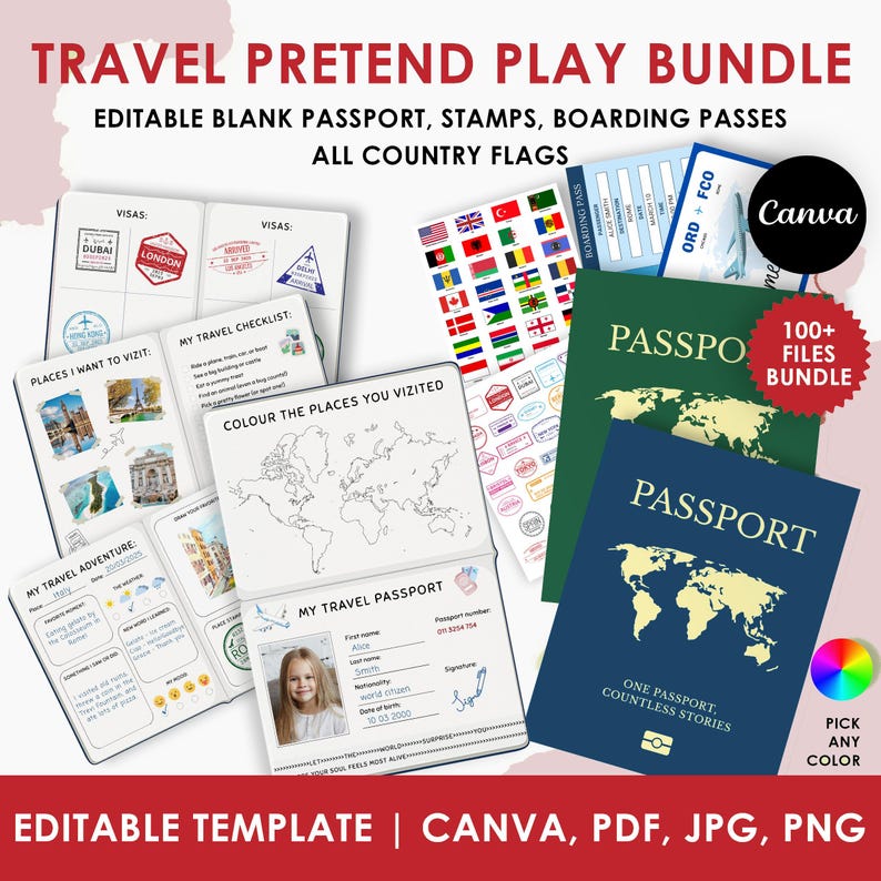 Kids Pretend Play Passport Bundle: Editable Travel Templates (canva ...