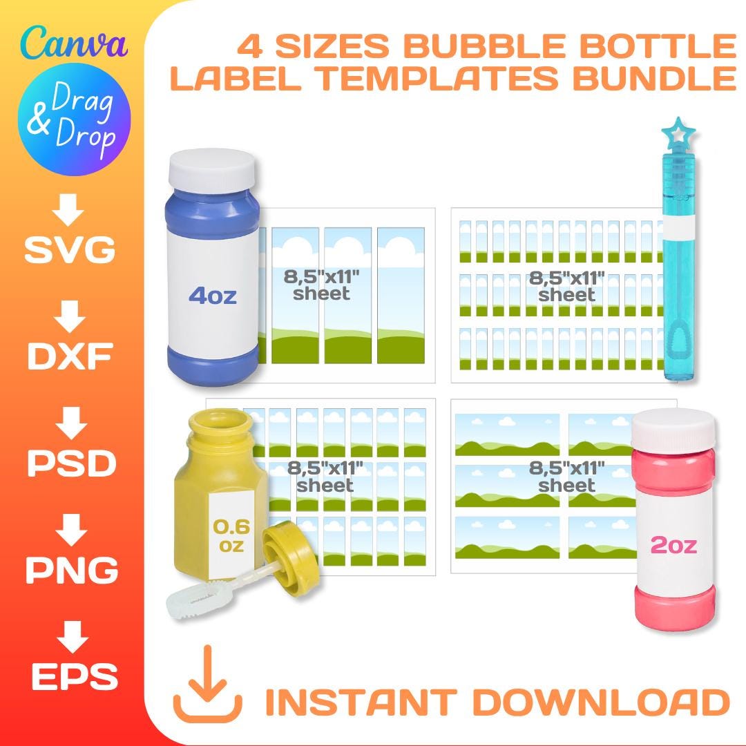 Bubble Bottle Label Blank Template, BUNDLE, 2oz, 4oz, DIY, Party ...