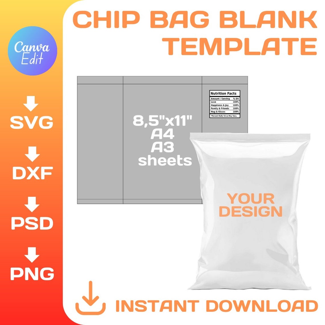 3 Sizes, Chip Bag Template, BUNDLE, Editable, Custom, Chip Bag Blank ...