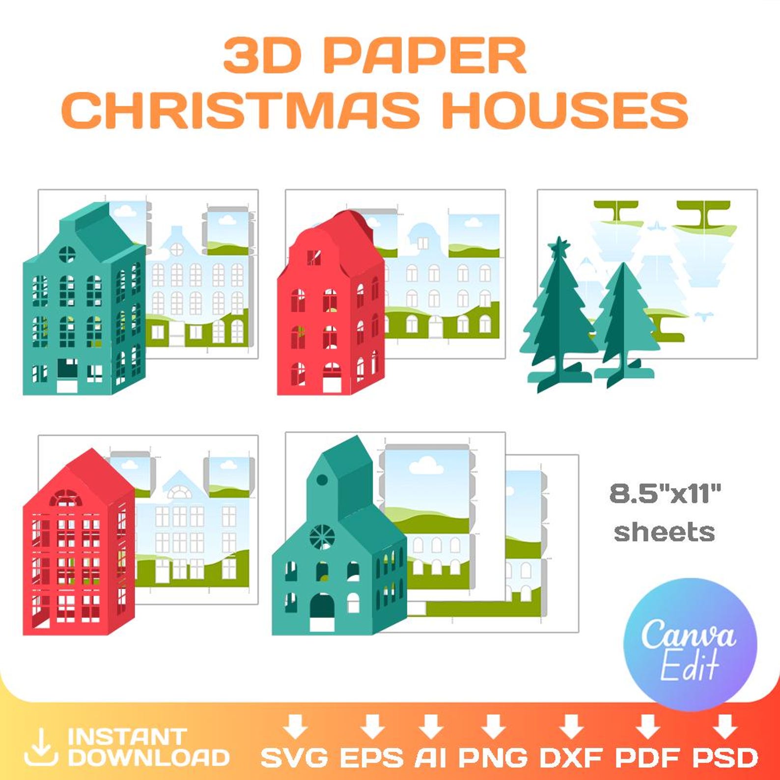 3D Paper Houses Set Template Svg, Png, Pdf, Cricut, Canva, Printable ...