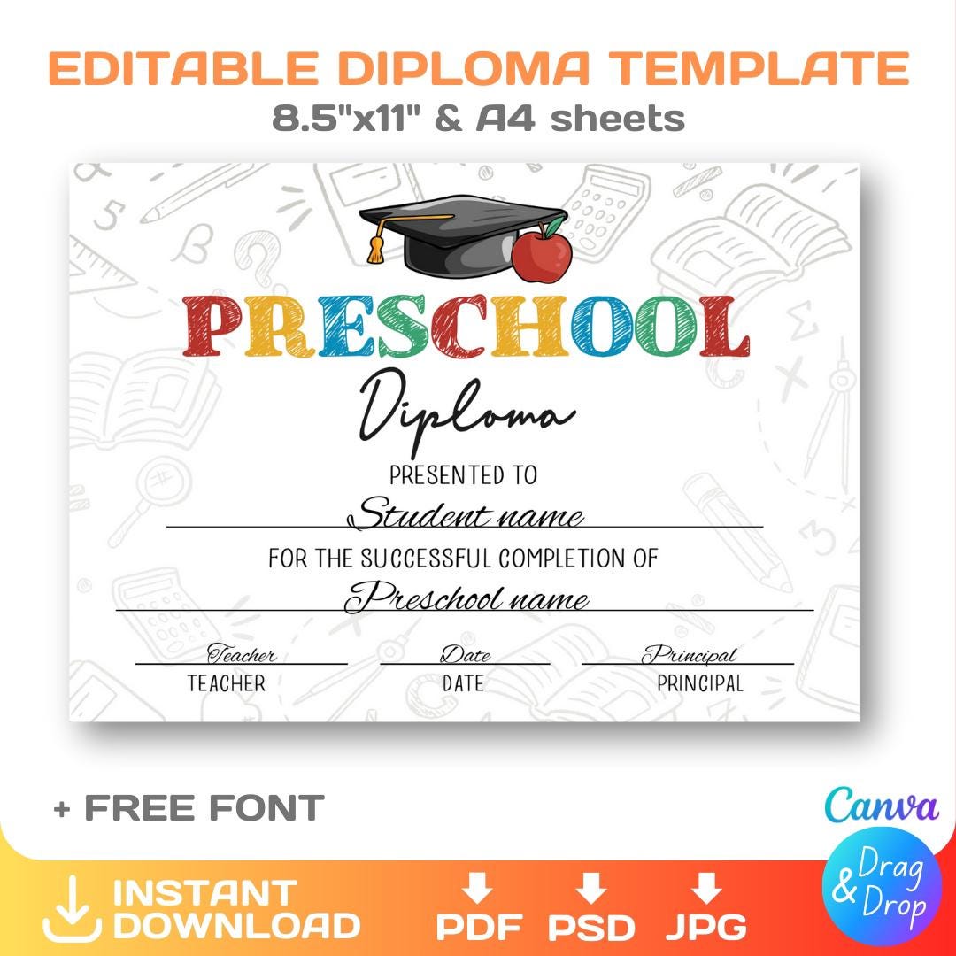 Preschool Grad Diploma Template, Printable, Graduation Certificate for ...