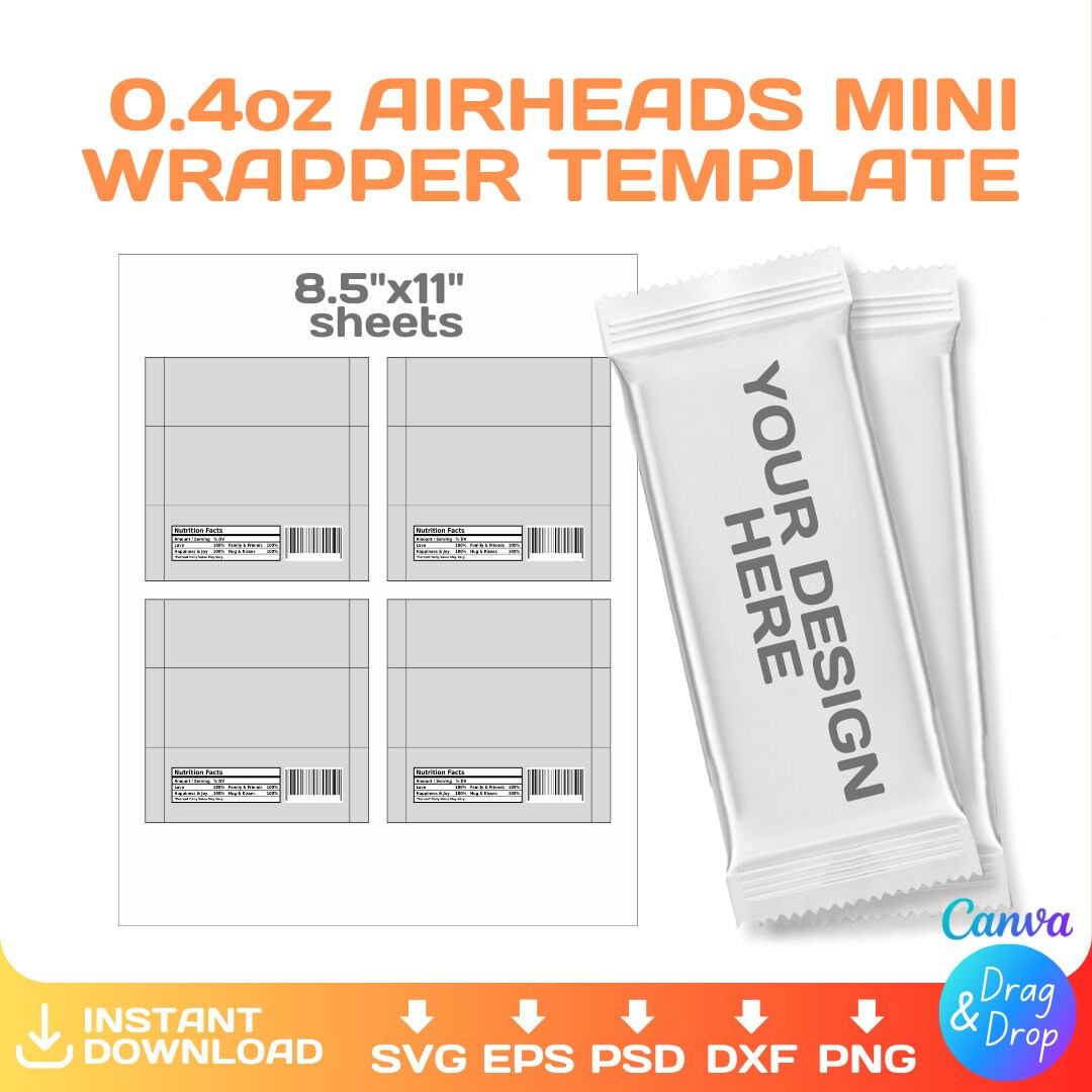 Mini Airheads Wrapper Blank Template, 0.4 Oz, DIY, Custom, Small, Party ...