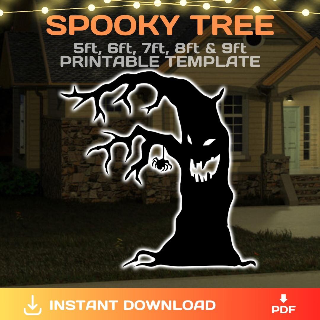 Spooky Tree Scene Silhouette Template, Halloween Stencils, Yard Outdoor ...