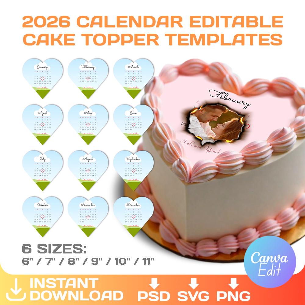 Burn Away Cake Topper Calendar Template, Custom Heart Shape Cake Topper ...