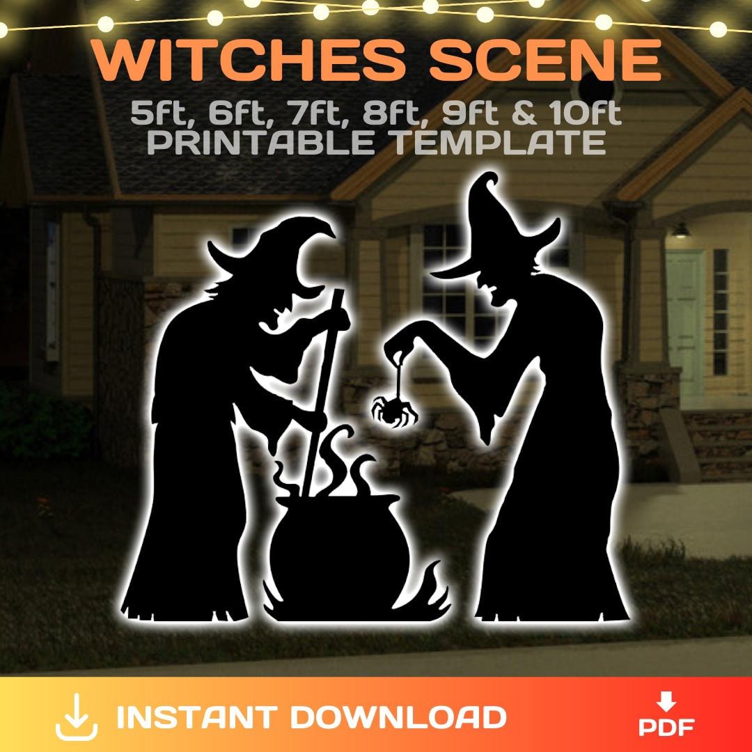 Witches Near the Cauldron Scene Silhouette Template, Halloween Stencils ...