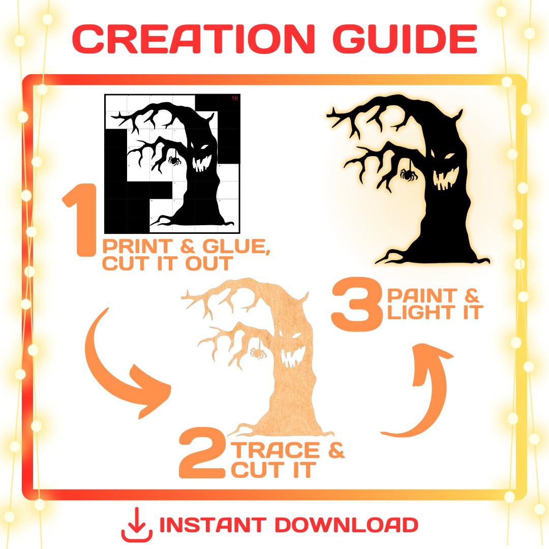 Spooky Tree Scene Silhouette Template, Halloween Stencils, Yard Outdoor ...