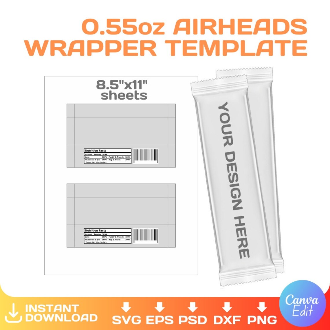 Airheads Wrapper Blank Template, 0.55 Oz 16g, DIY, Custom, Party Favor ...