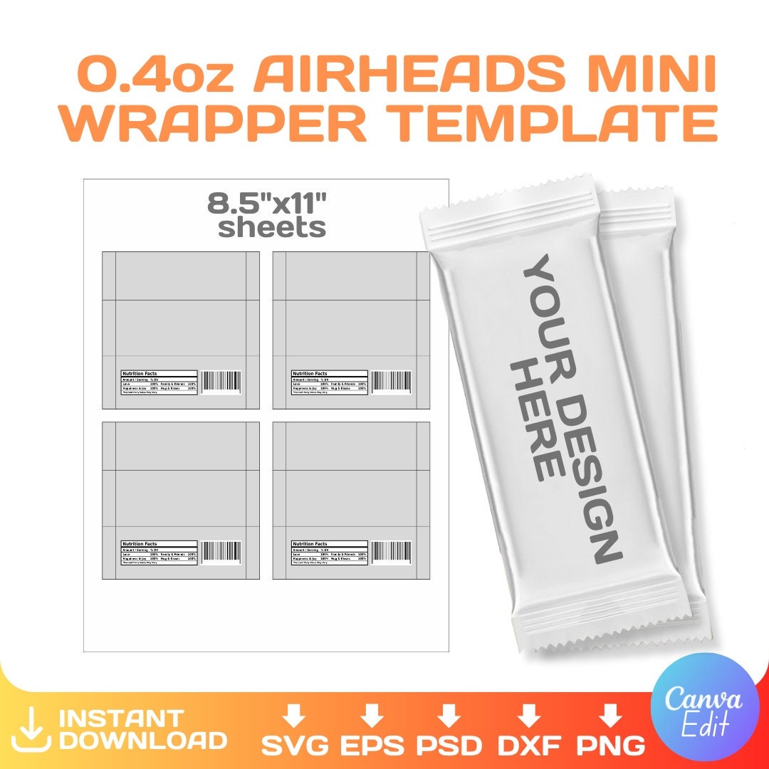 Mini Airheads Wrapper Blank Template, 0.4 Oz, DIY, Custom, Small, Party Favor, Editable, Svg ...