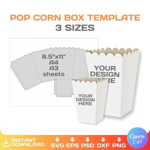 3 Sizes, Popcorn Box Blank Template, BUNDLE, Editable, DIY, Custom, Svg ...