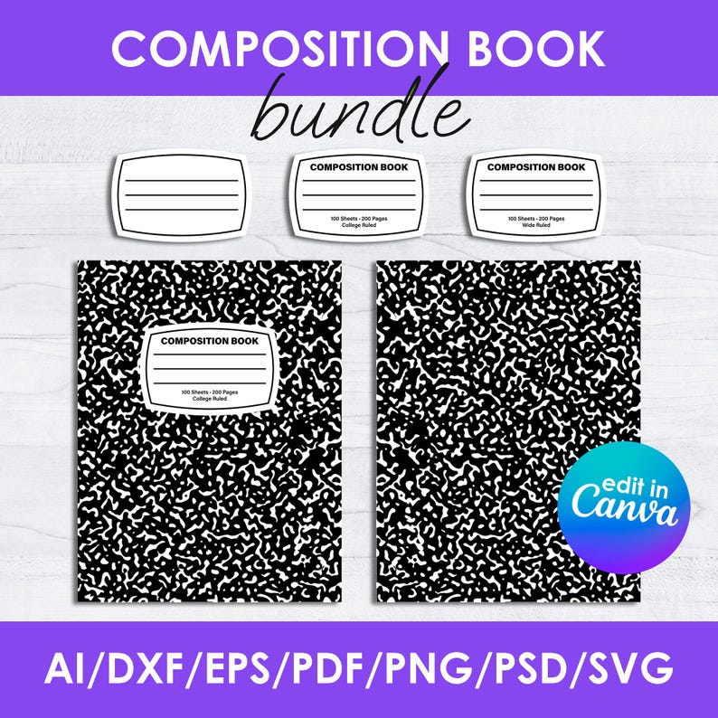 Composition Book Cover SVG Bundle: Notebook Label Template (digital ...
