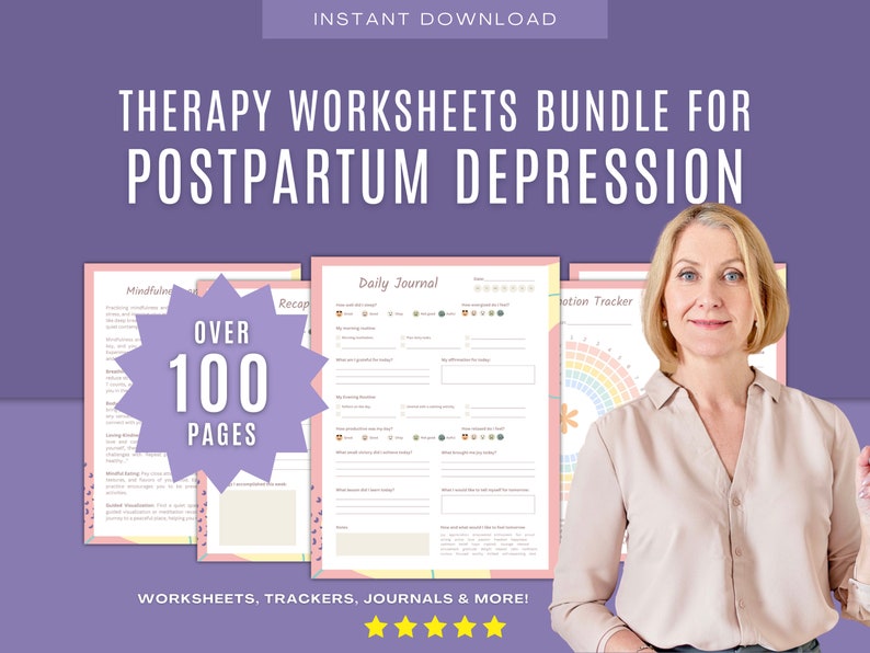 Postpartum Depression Therapy Bundle, 100 Pages Tracker, Planner ...