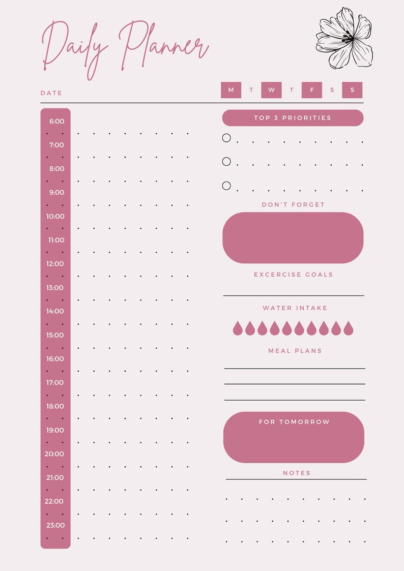 Daily Planner Printable Version in Pink A4 A5 & US Letter - Etsy