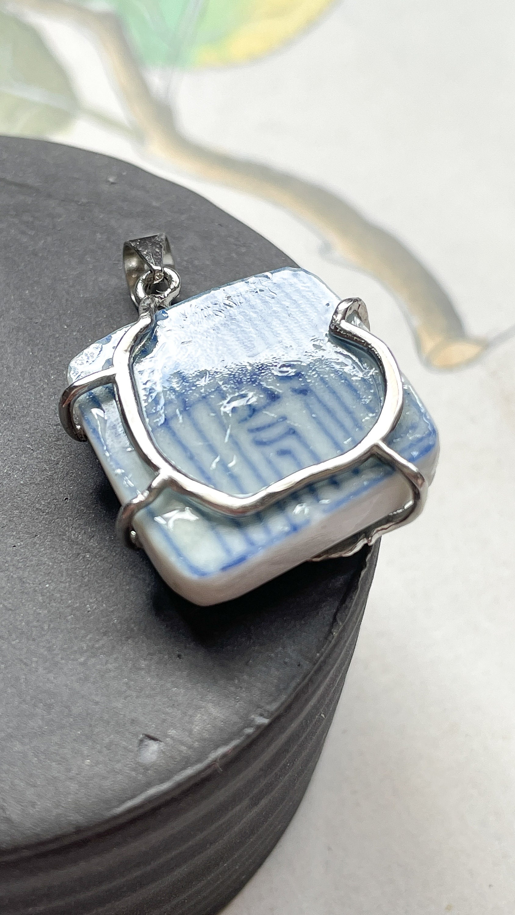 Antique Ming Dynasty China Porcelain Shards Pendant Double Sided Sakura ...