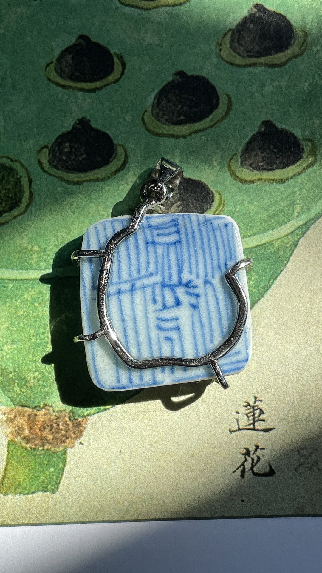 Antique Ming Dynasty China Porcelain Shards Pendant Double Sided Sakura ...