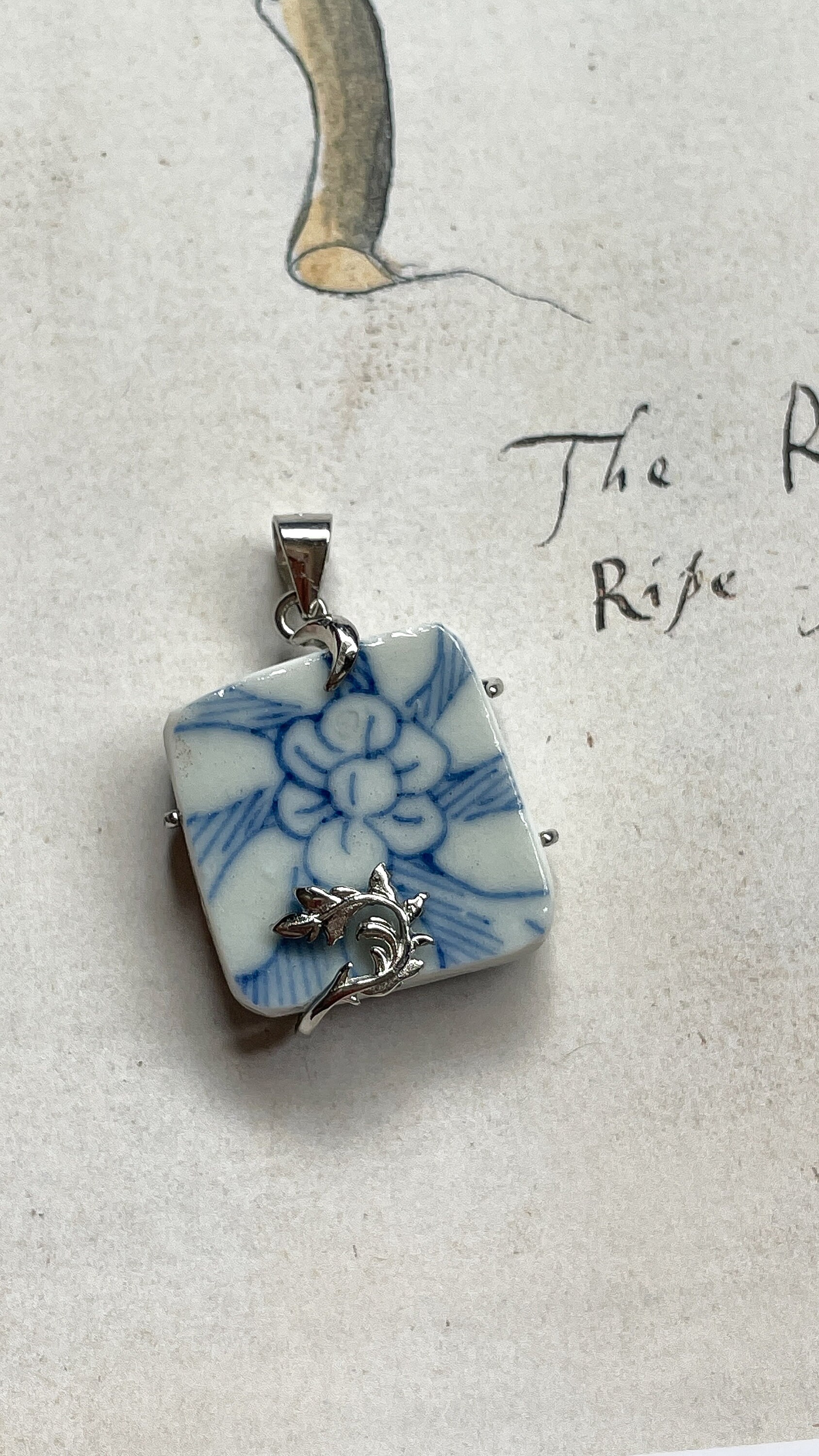 Antique Ming Dynasty China Porcelain Shards Pendant Double Sided Sakura ...