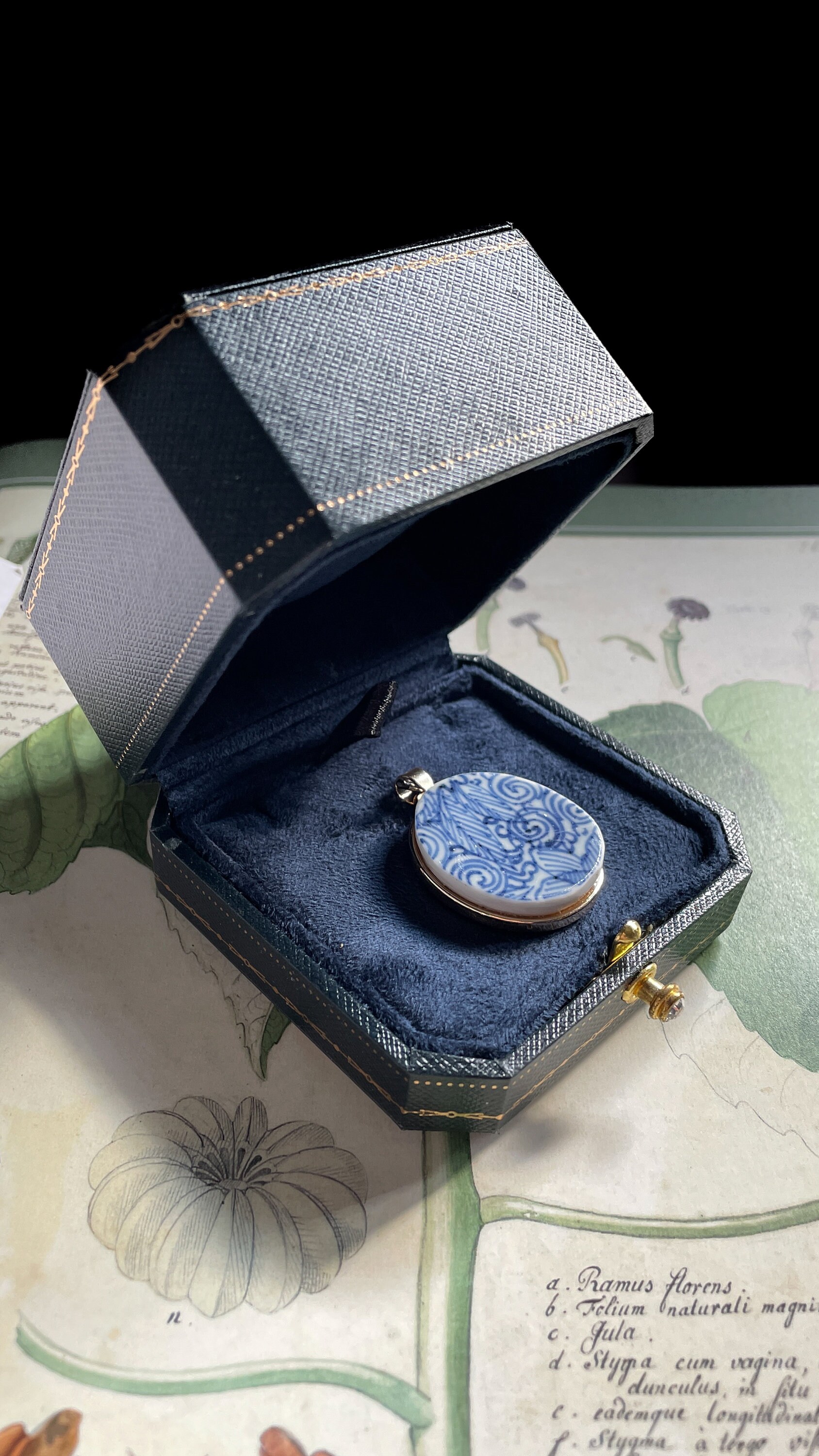 Antique Ming Dynasty China Porcelain Shards Pendant Double Sided Sakura ...