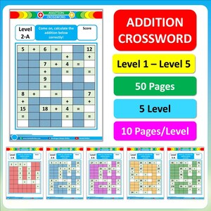 Printable Addition Crossword Puzzle Worksheets – Levels 1 to 5 - Etsy