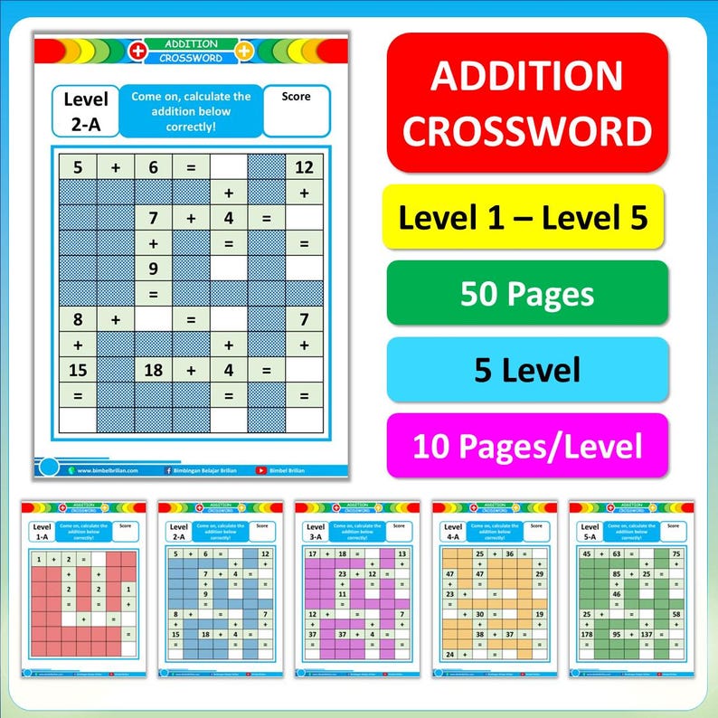 Printable Addition Crossword Puzzle Worksheets – Levels 1 to 5 - Etsy
