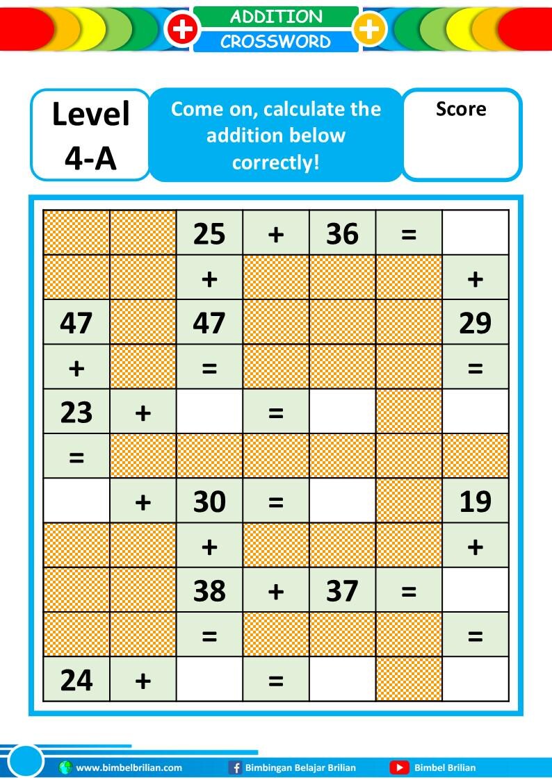 Printable Addition Crossword Puzzle Worksheets – Levels 1 to 5 - Etsy