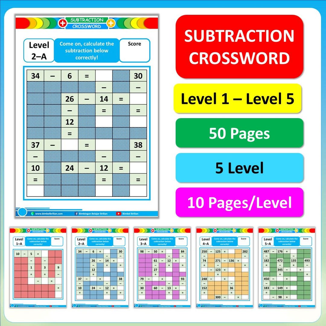 Printable Subtraction Crossword Puzzle Worksheets – Level 1 to 5 - Etsy