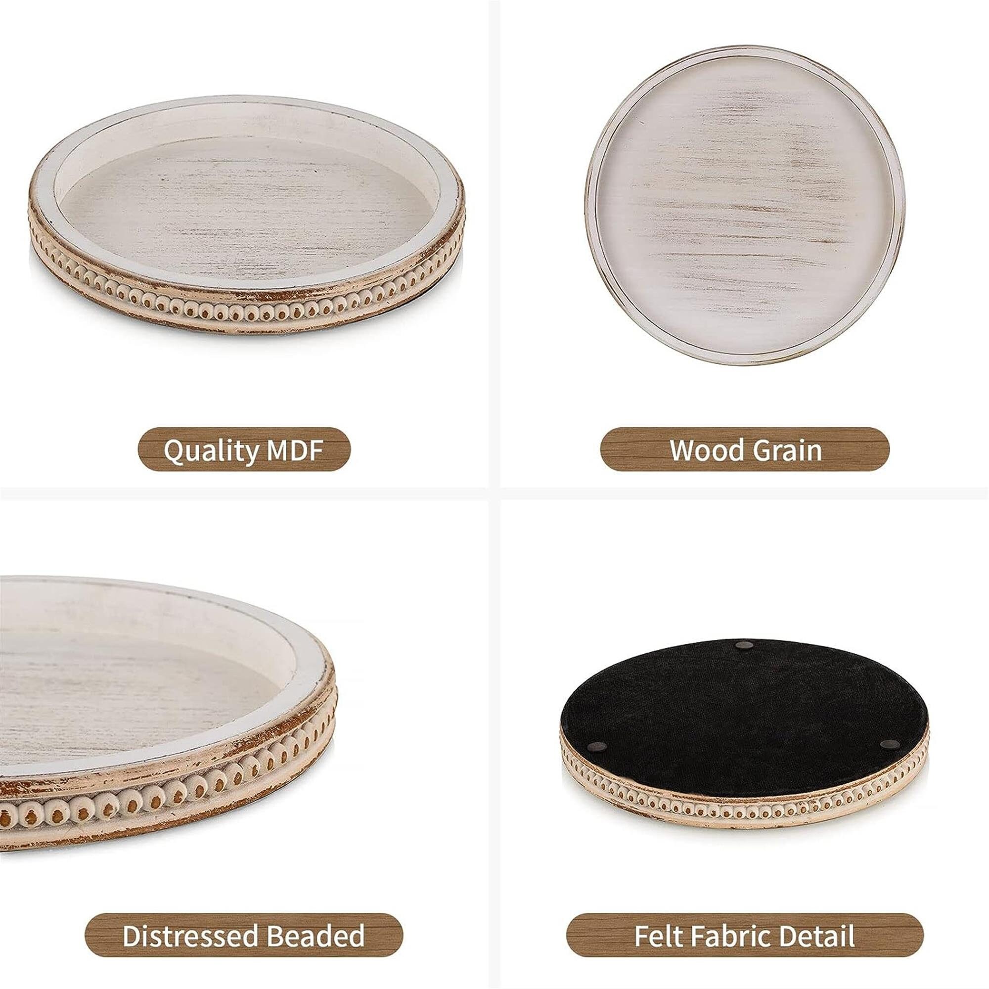Decorative Serving Tray Wood: White Washed Bead Round Tray for Coffee ...