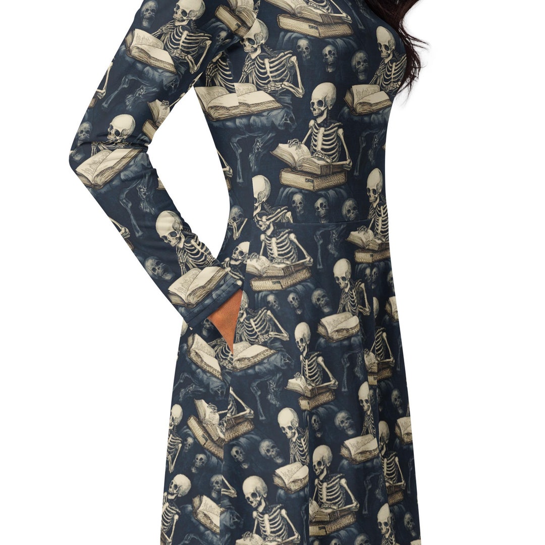 Skeleton Reading Books Dress, Spooky Dress for Book Lover, Halloween ...