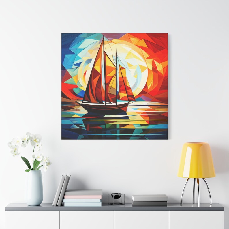 Sailing Dreams: Cubist Sunset on Canvas | Cubism Ocean Sailboat ...