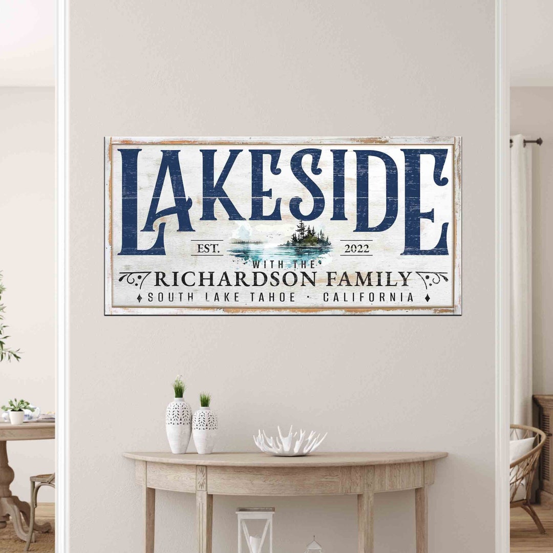 Custom Lakeside Sign Canvas Family Last Name Lakeside Wall Rustic Decor ...
