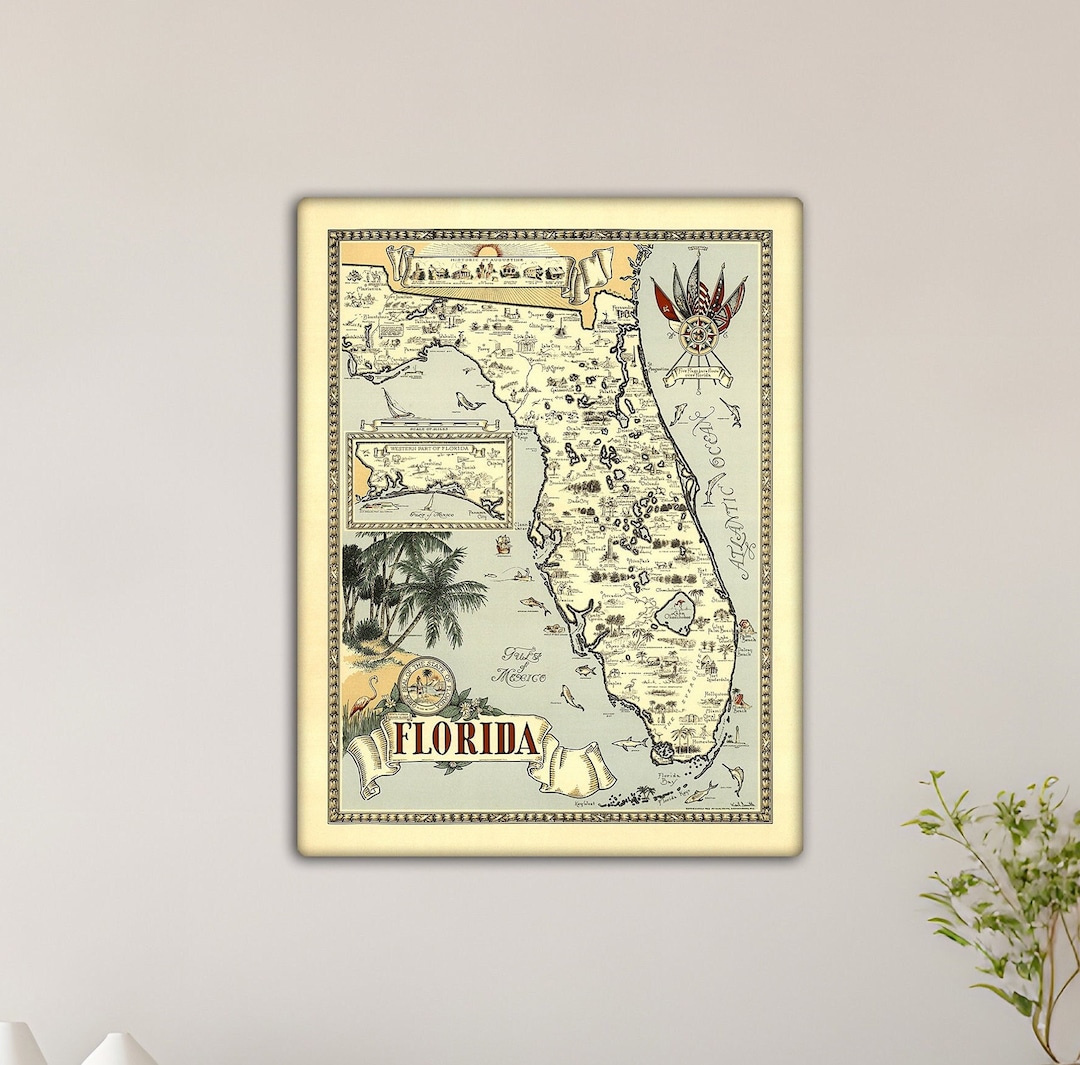 Old Map of Florida Poster Print Unique Wall Decor Vintage Florida Map ...