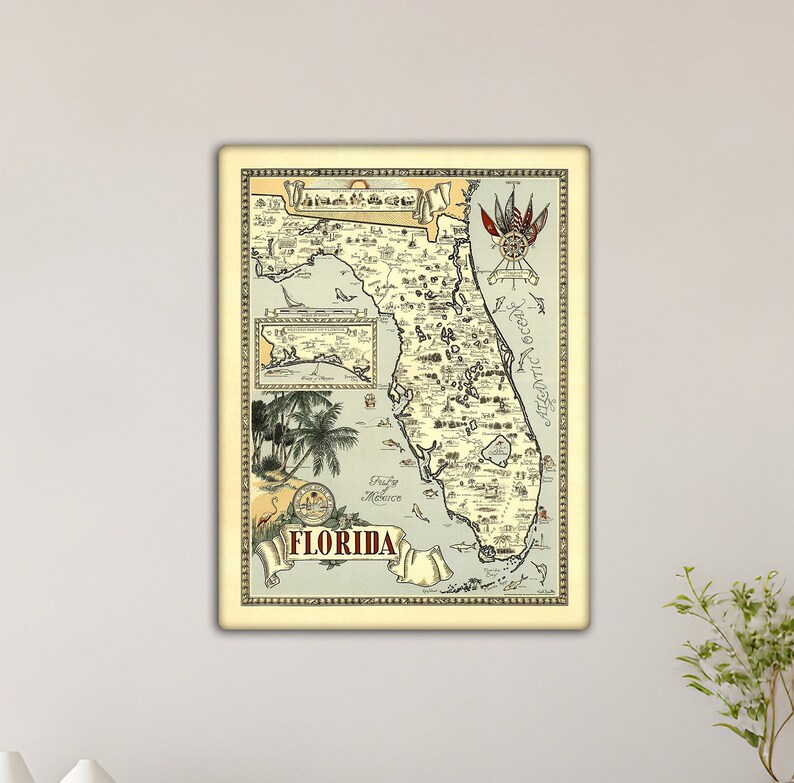 Old Map of Florida Poster Print Unique Wall Decor Vintage Florida Map ...