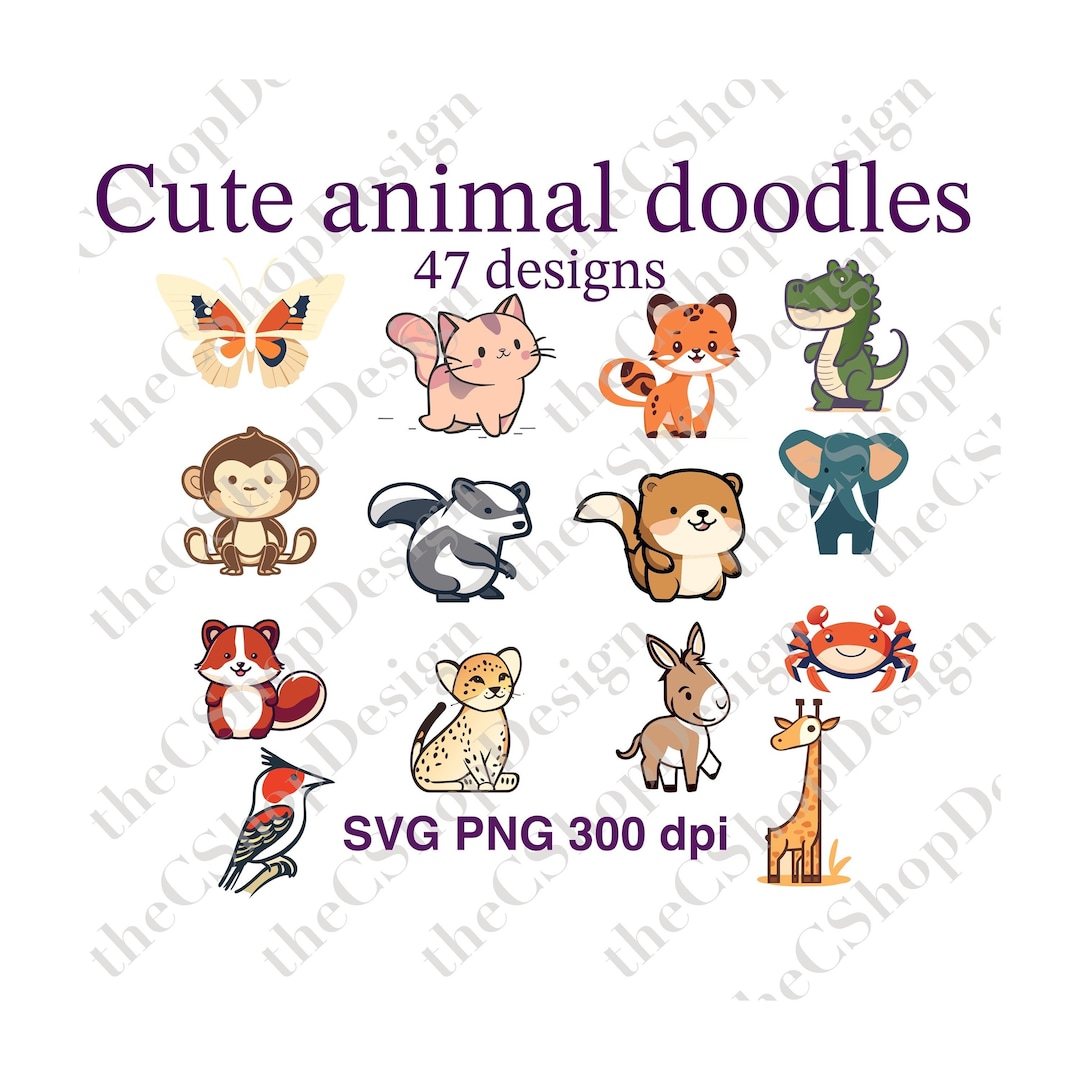 Cute Animal Doodle SVG Bundle Animal Clipart Safari Farm - Etsy