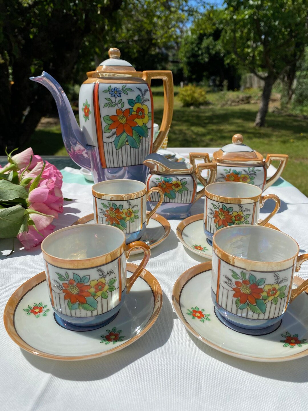 Vintage Japanese Lusterware Tea Set (11 Pieces) – 1930s Art Deco – Hand ...