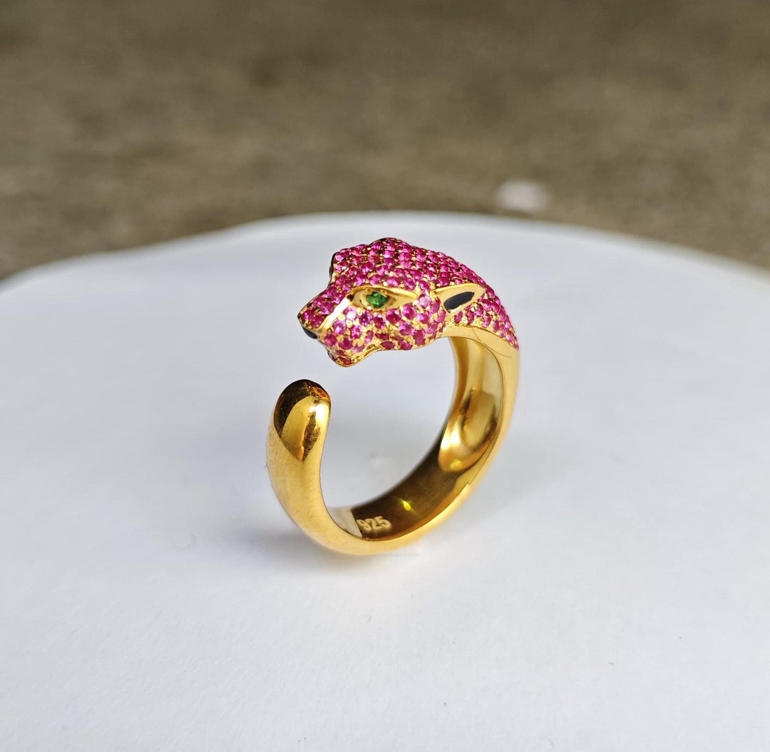 Pink Ruby Panther Ring, With Emerald Eyes 925 Sterling Silver Ring With ...