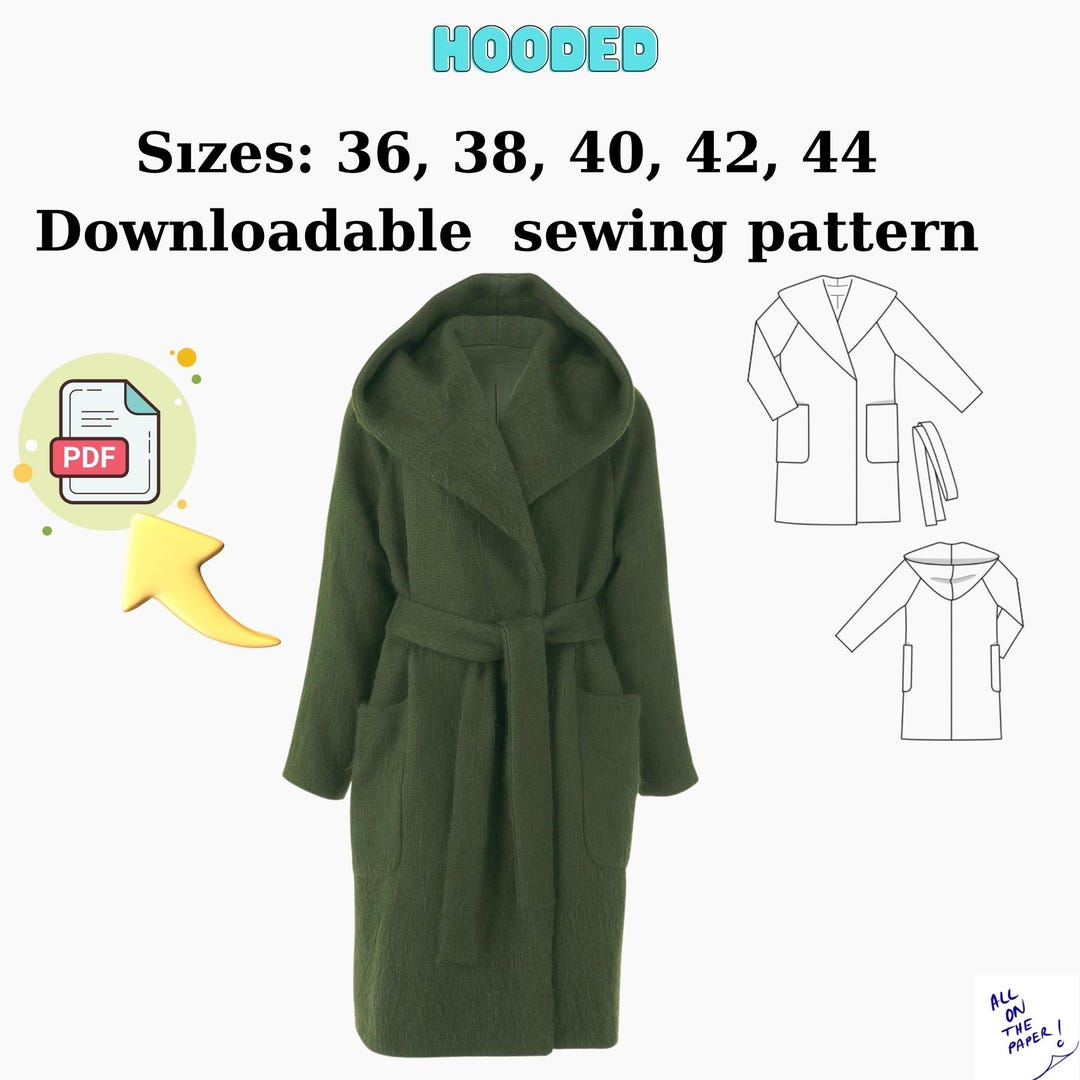PDF Hooded Coat Sewing Pattern – Lined Long Jacket With Belt – Sizes 36 ...