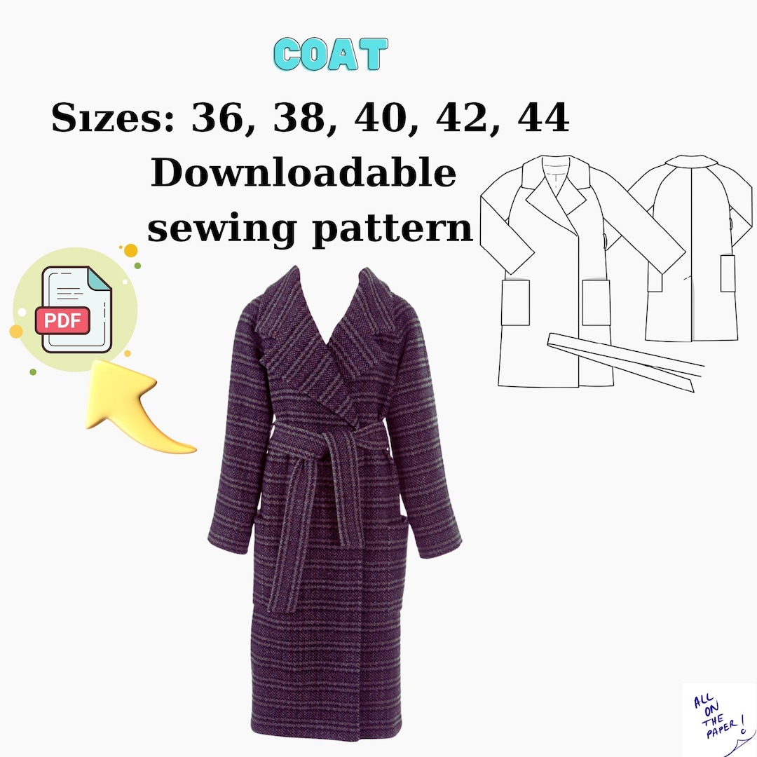 Wool Coat Sewing Pattern – Women's Long Belted Coat PDF (sizes 36–44 ...