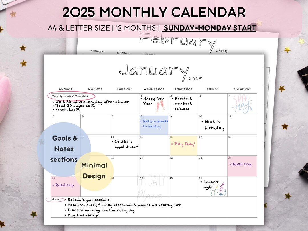 2025 Printable Monthly Calendar With Notes Landscape A4 Letter PDF ...