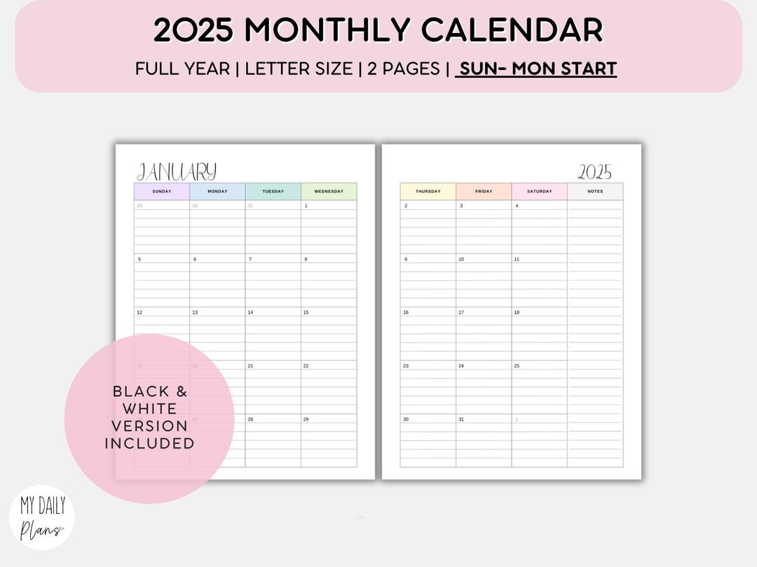 Printable 2025 Monthly Calendar Lined, Dated Month on 2 Pages Portrait ...