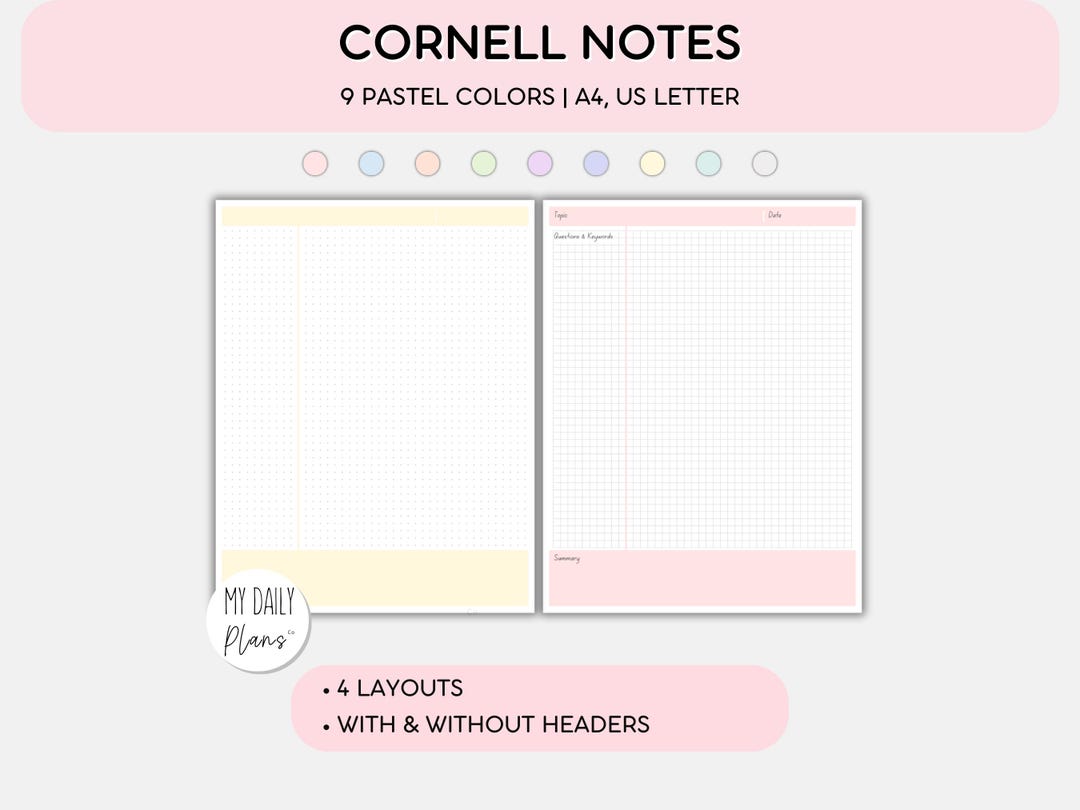 Cornell Notes Template: Pastel Colors, A4 & Letter Sizes (digital ...