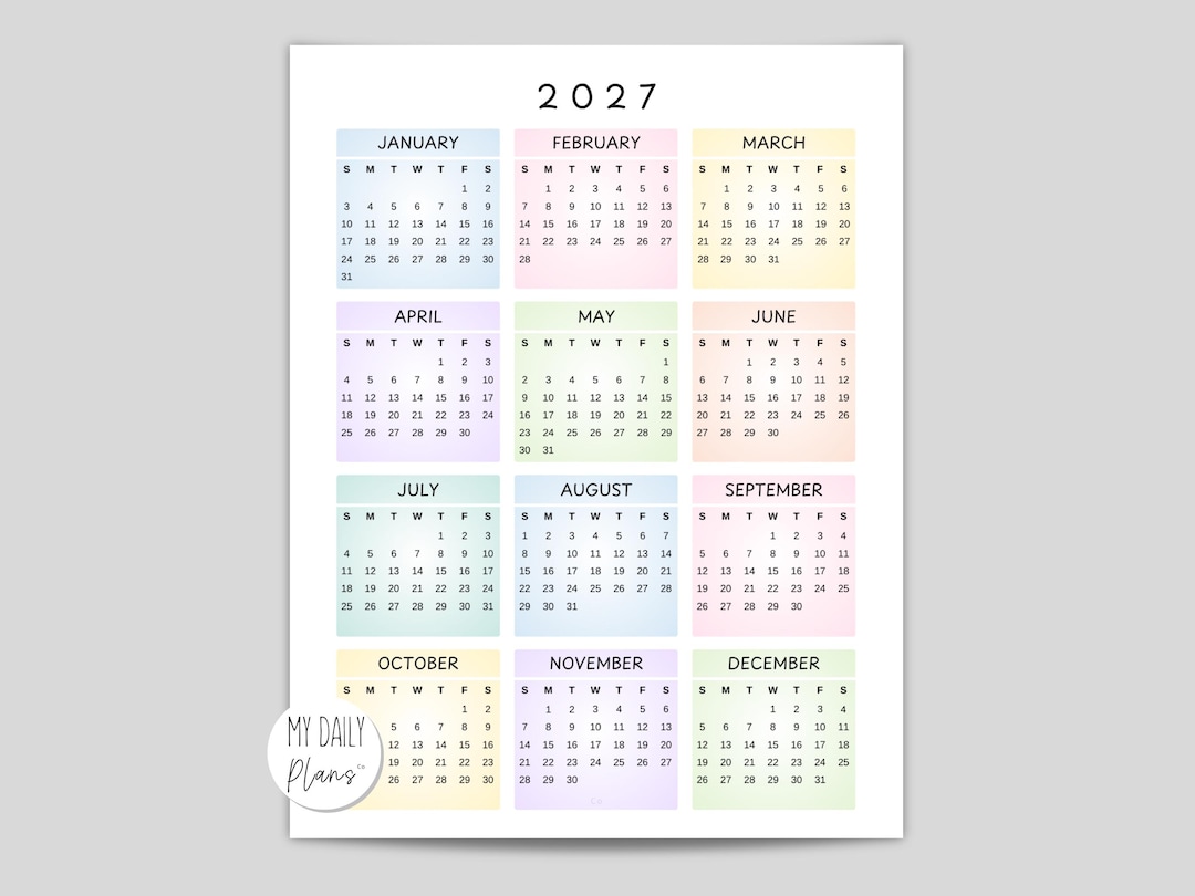 2027 Year at a Glance Calendar Printable, Rainbow Pastel Annual Wall ...