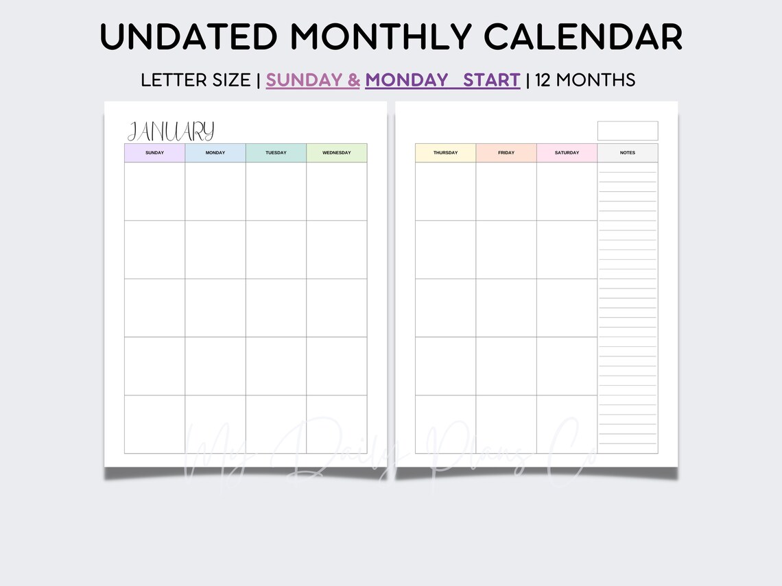 Printable Blank Monthly Calendar Minimal Pastel Undated Month on 2 ...