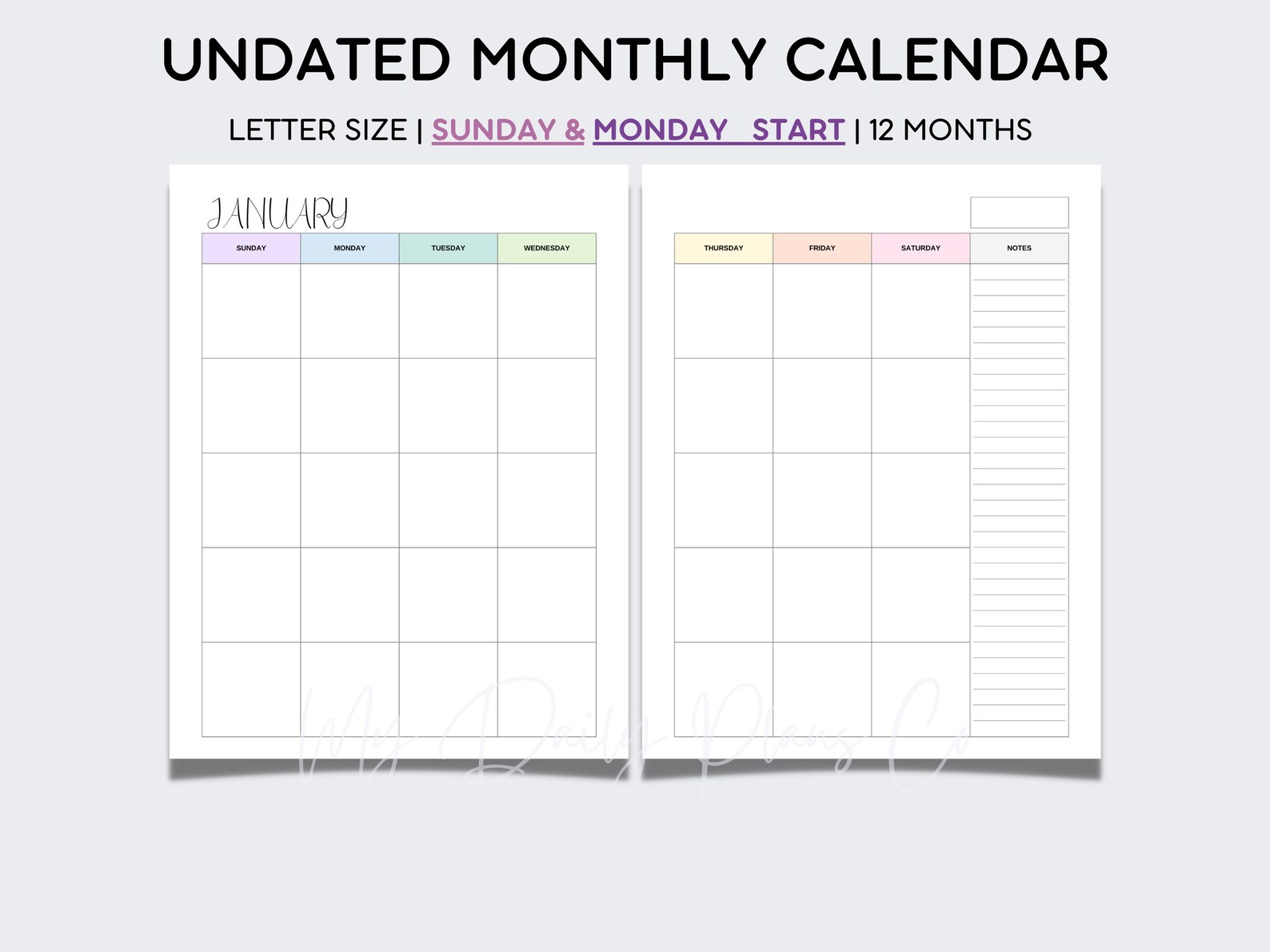 Printable Blank Monthly Calendar Minimal Pastel Undated Month on 2 ...