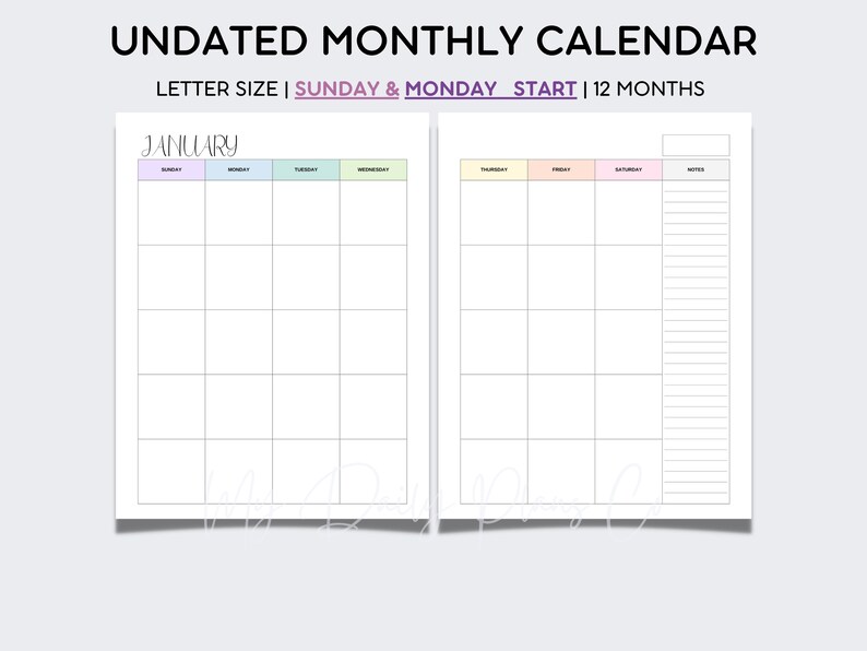 Printable Blank Monthly Calendar Minimal Pastel Undated Month on 2 ...