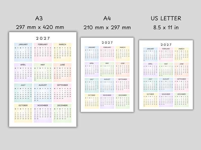 2027 Year at a Glance Calendar Printable, Rainbow Pastel Annual Wall ...