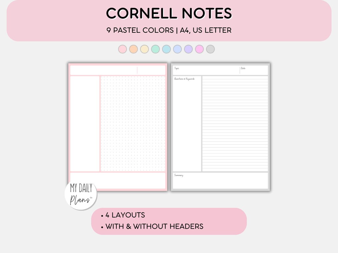 Lecture Notes Pastel Colors, Cornell Method, Student Notes, A4 & US ...