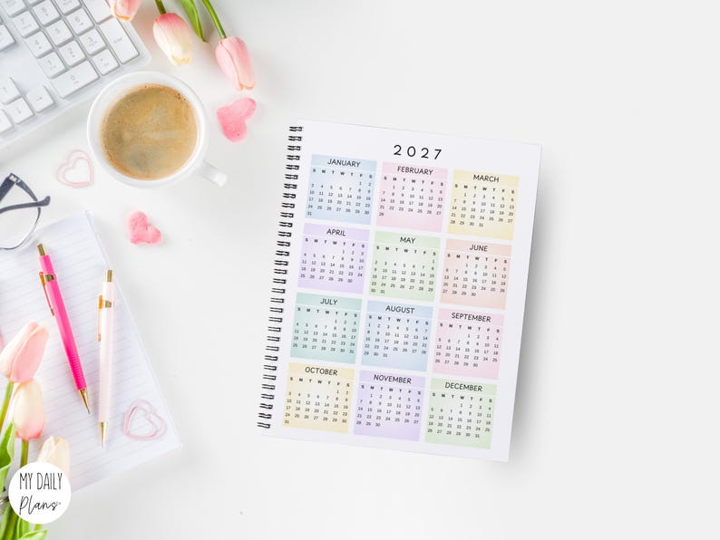 2027 Year at a Glance Calendar, Rainbow Pastel Wall Planner (digital ...