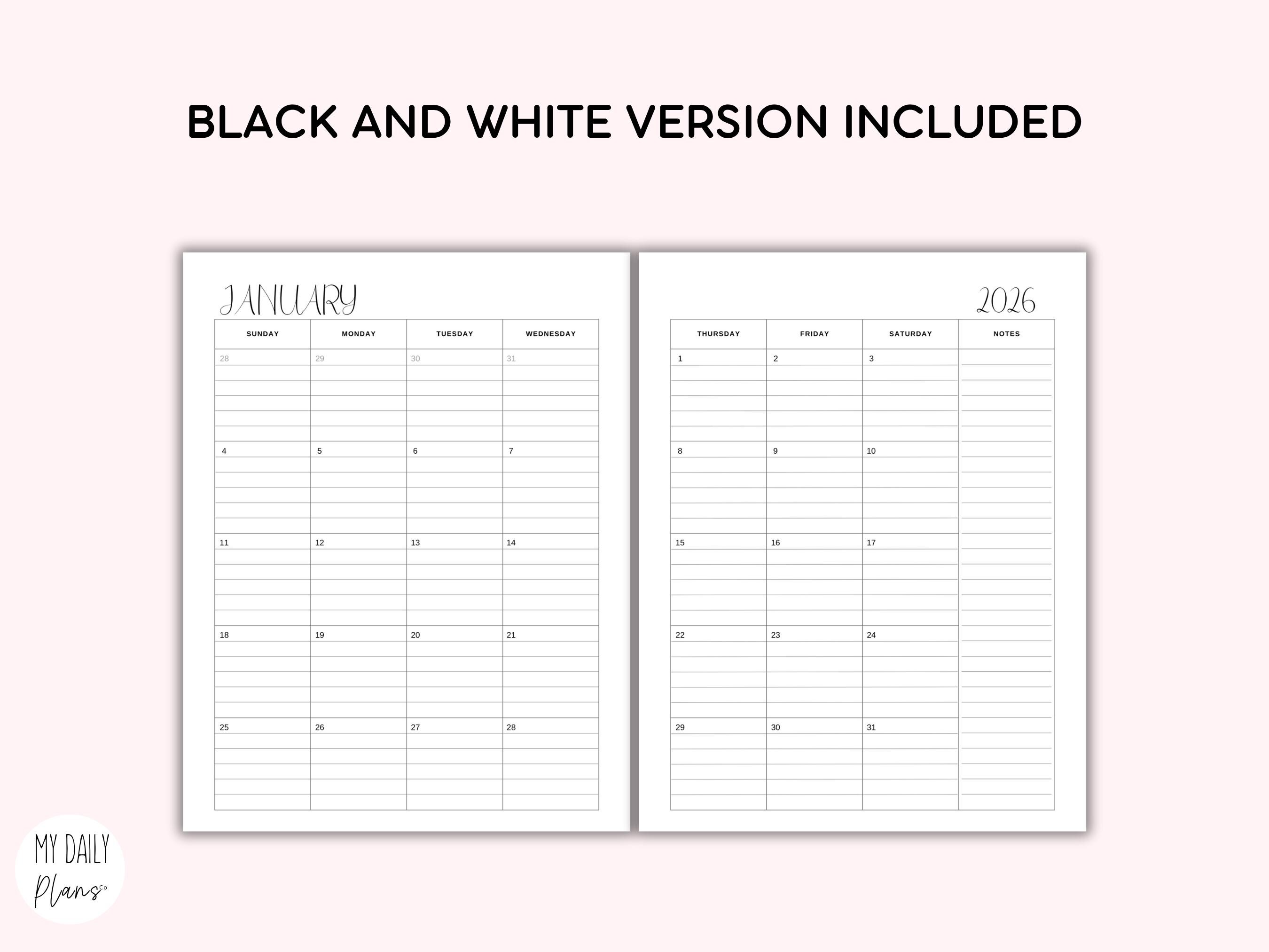 2026 Full Year, Monthly Calendar on 2 Pages Printable, Lined, Letter ...