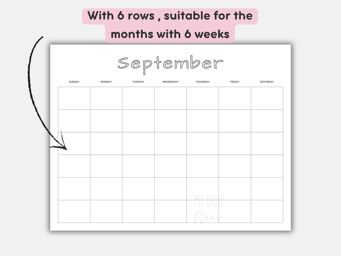 Printable Monthly Blank Calendar Sunday Monday Undated Month at a ...