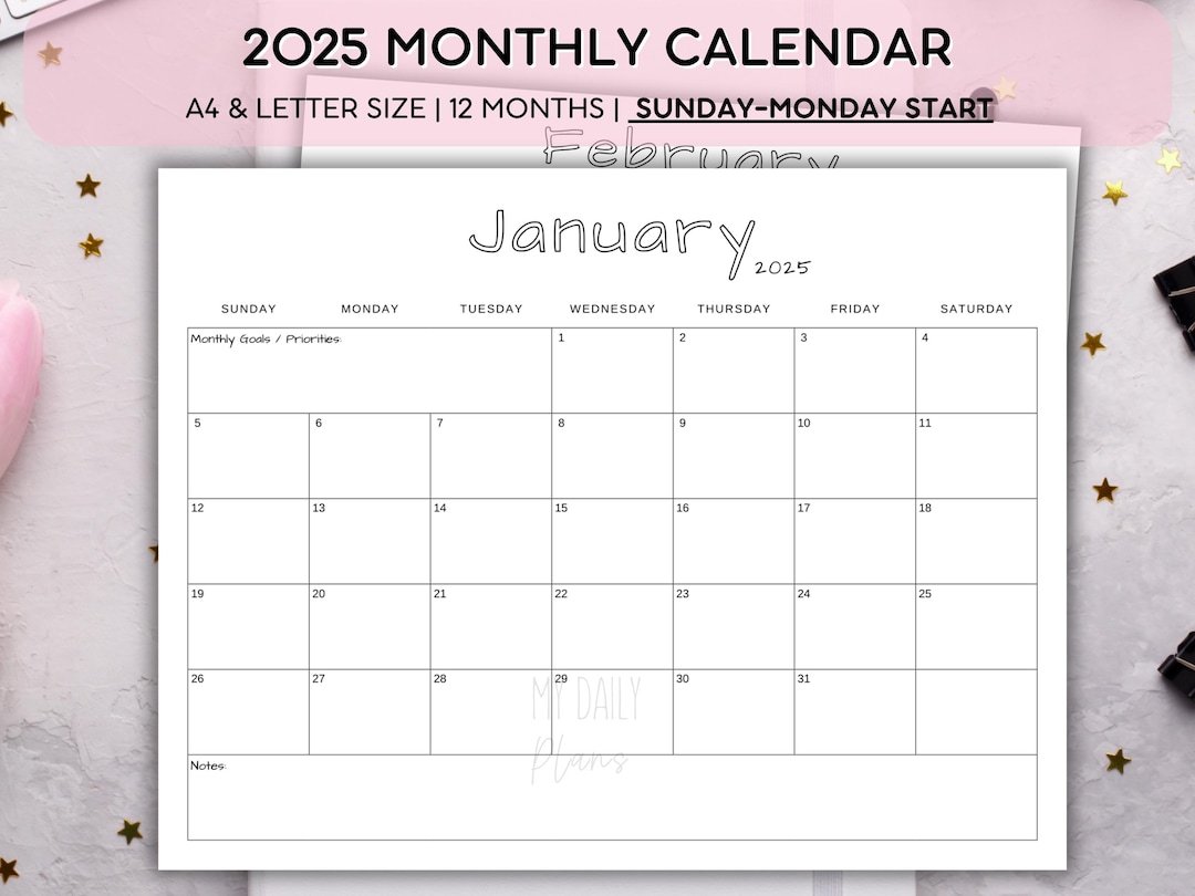 2025 Printable Monthly Calendar With Notes, Landscape A4 Letter PDF ...