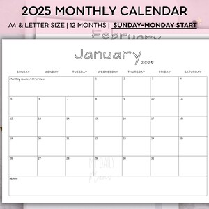 2025 Printable Monthly Calendar With Notes, Landscape A4 Letter PDF ...